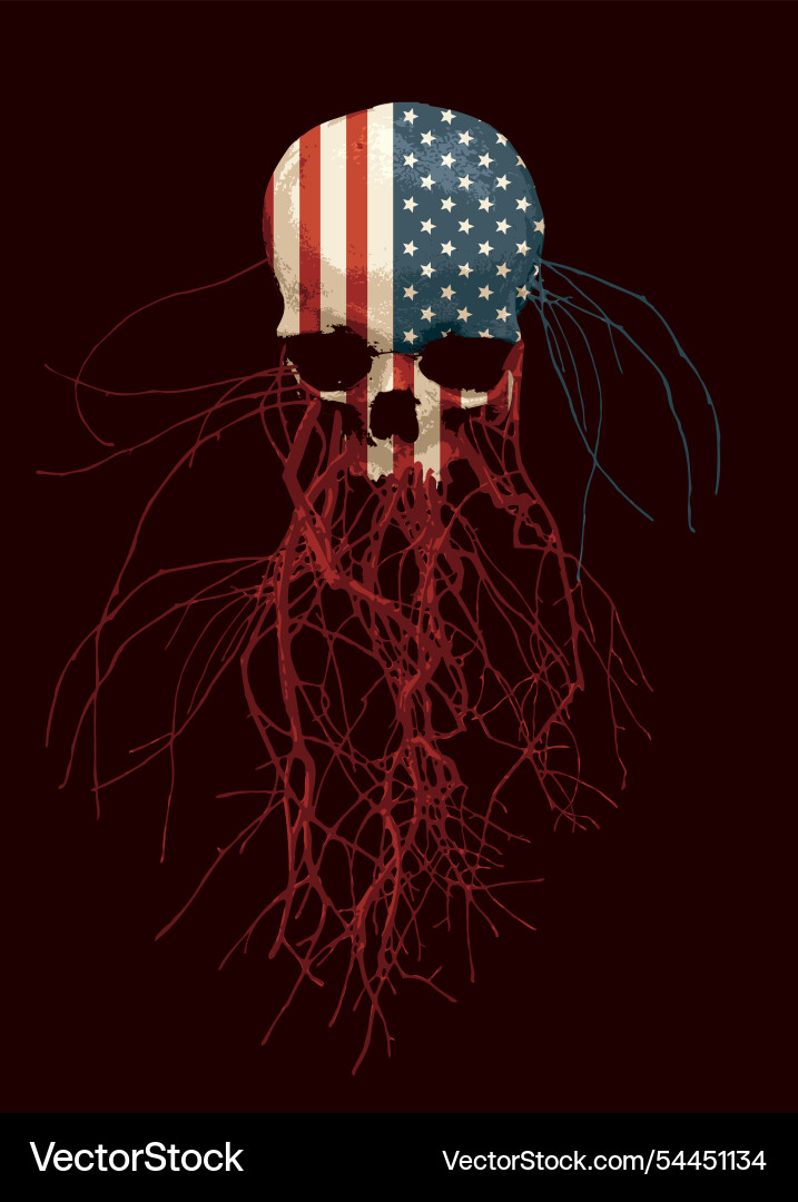 Human skull with usa flag and tree roots Vector Image