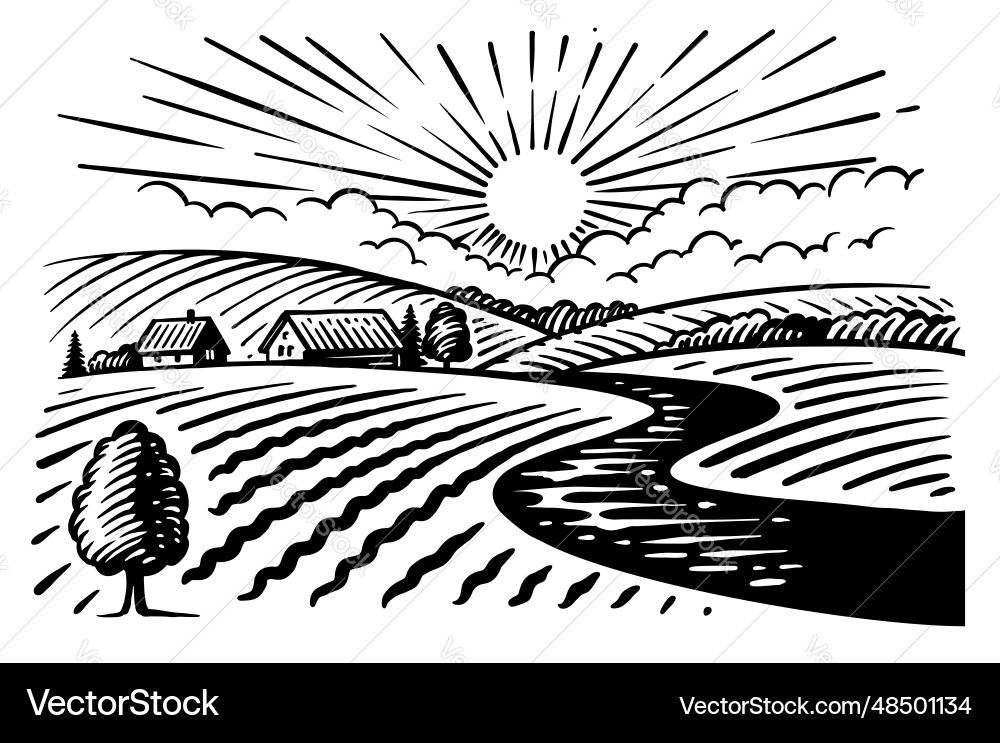 Small village with fields nature landscape Vector Image