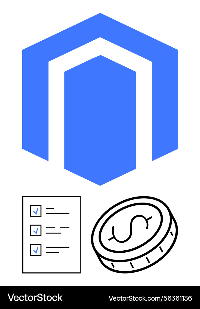 Blue hexagonal shield with checklist and coin Vector Image
