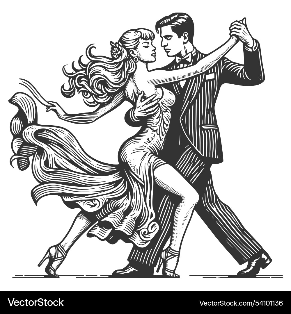Elegant tango couple dancing engraving Royalty Free Vector
