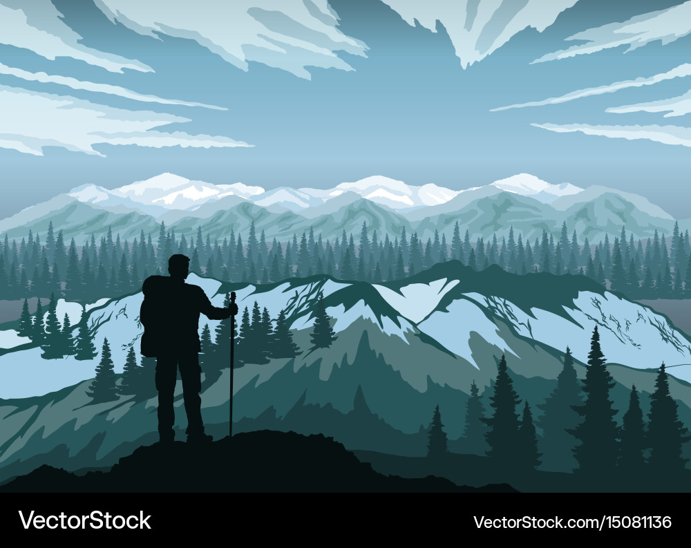 Hiker enjoying landscape mountain peaks Royalty Free Vector