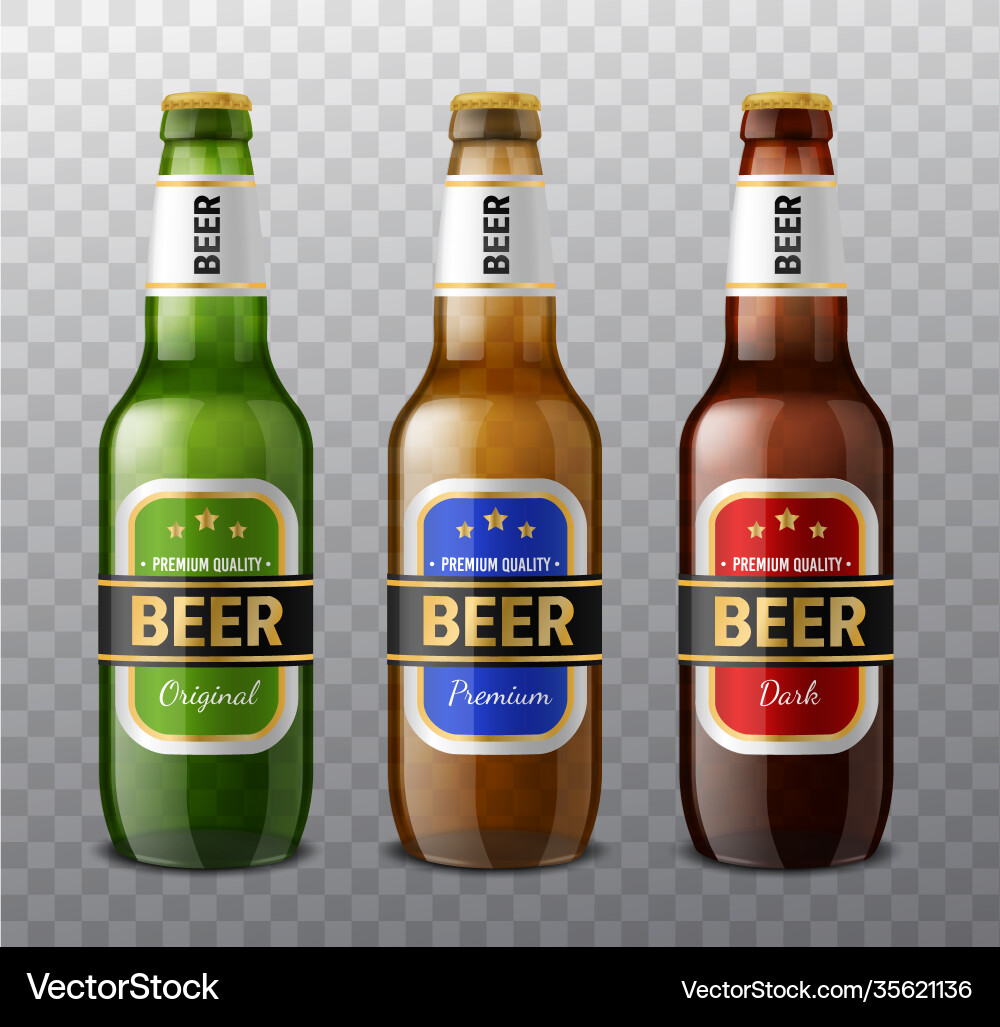 Realistic different colors beer bottles 3d glass Vector Image