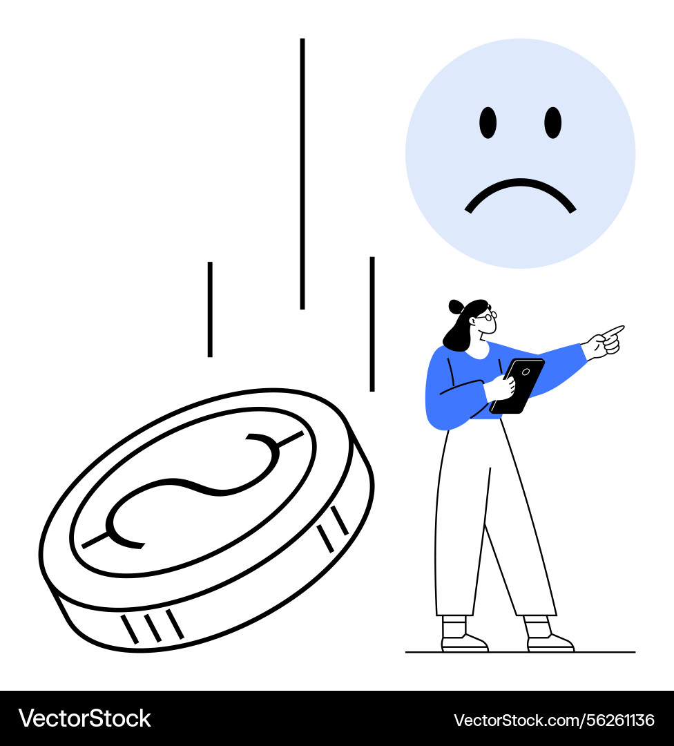 Woman analyzing financial loss with falling coin Vector Image