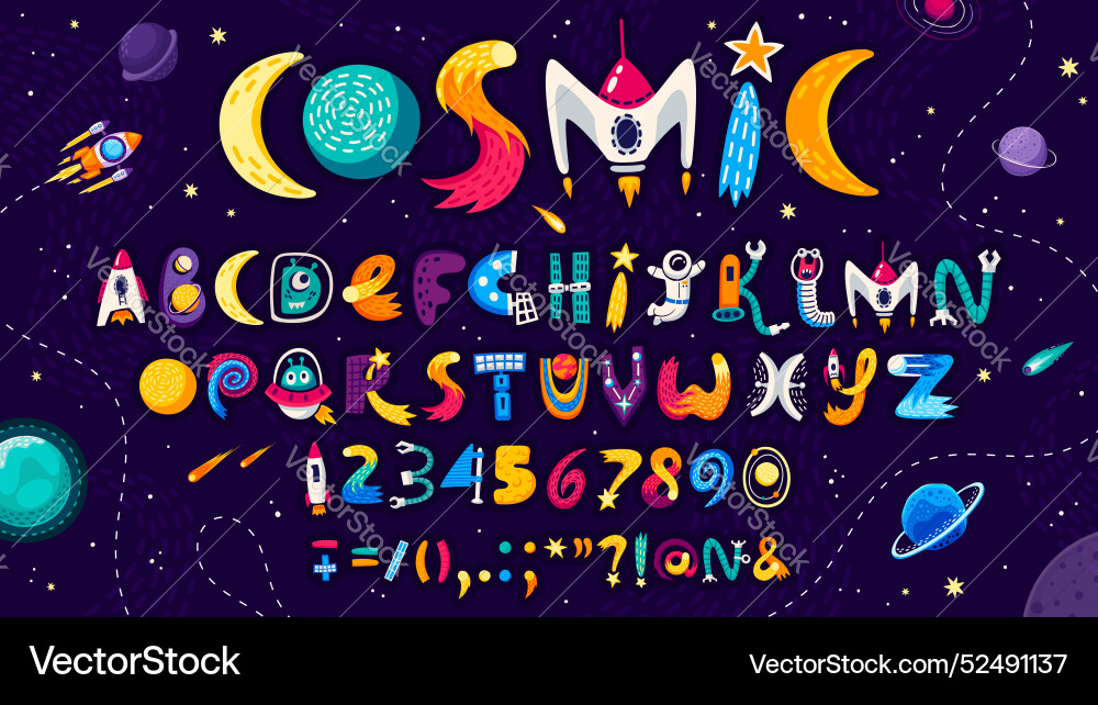 Cartoon space font universe type galaxy typeface Vector Image