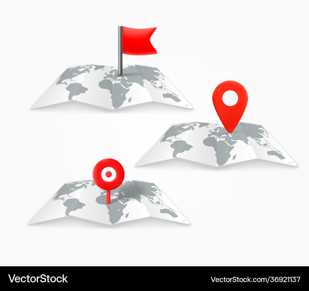Folded maps with color point markers set isolated Vector Image