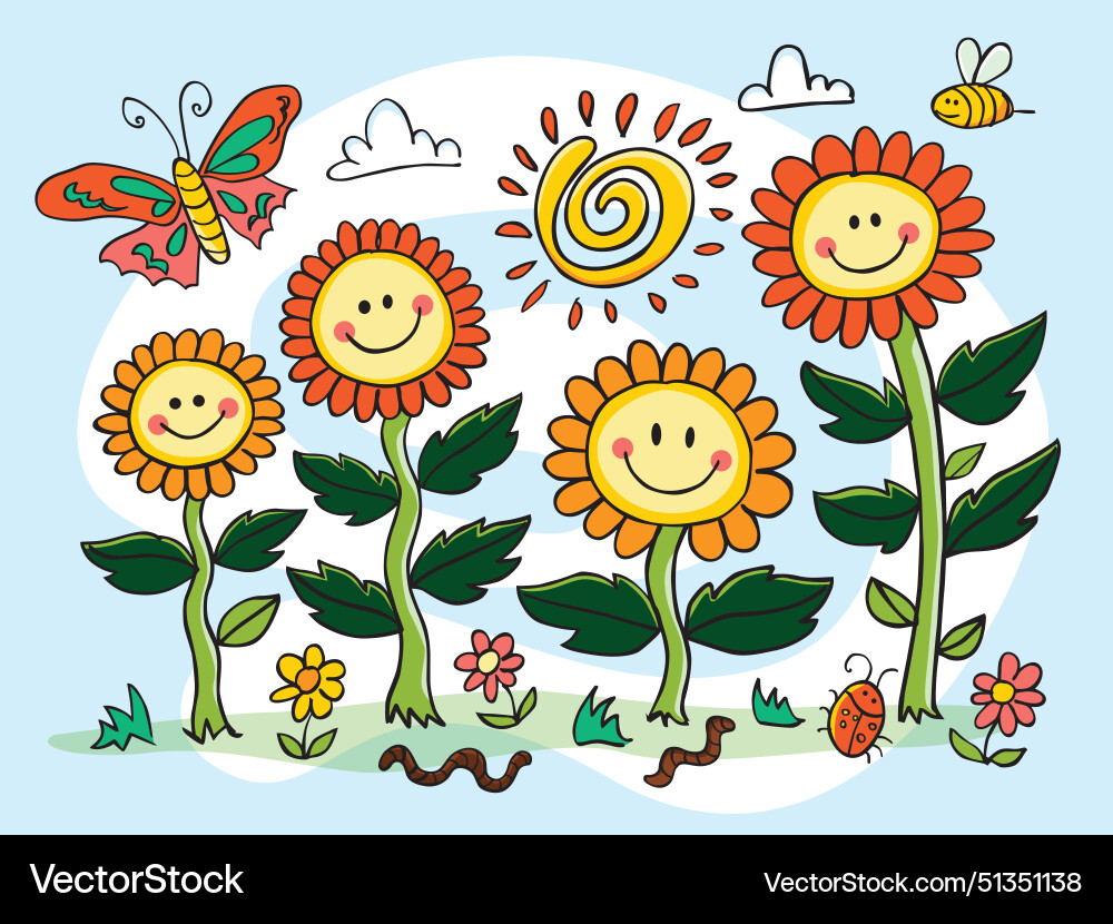 Colorful hand drawn smiley face flower Royalty Free Vector