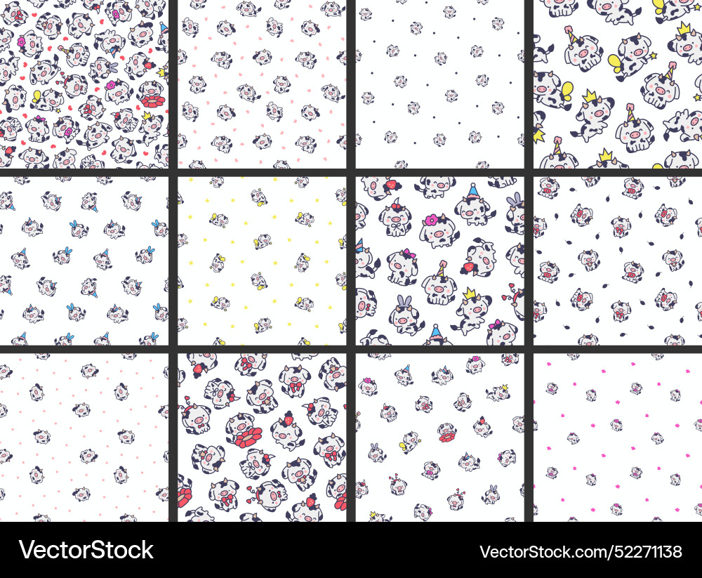 Cute kawaii baby cow seamless pattern cartoon Vector Image