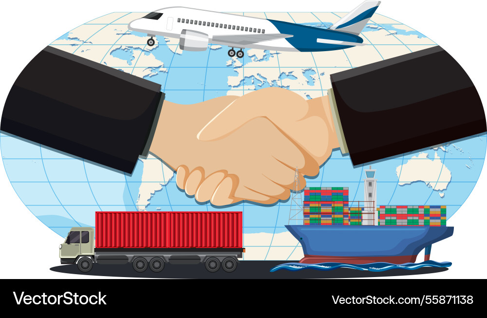 Handshake with transport symbols over world map Vector Image