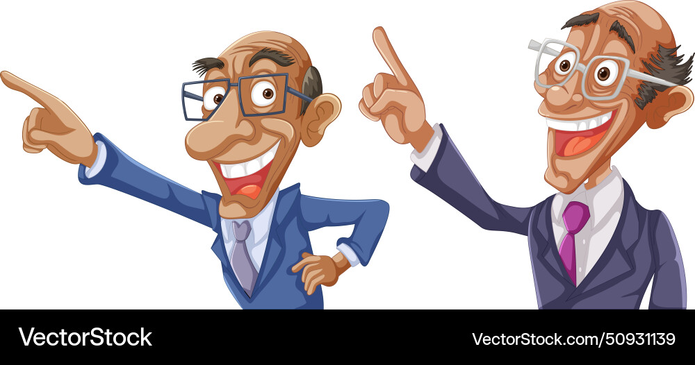 Two animated businessmen pointing and smiling Vector Image