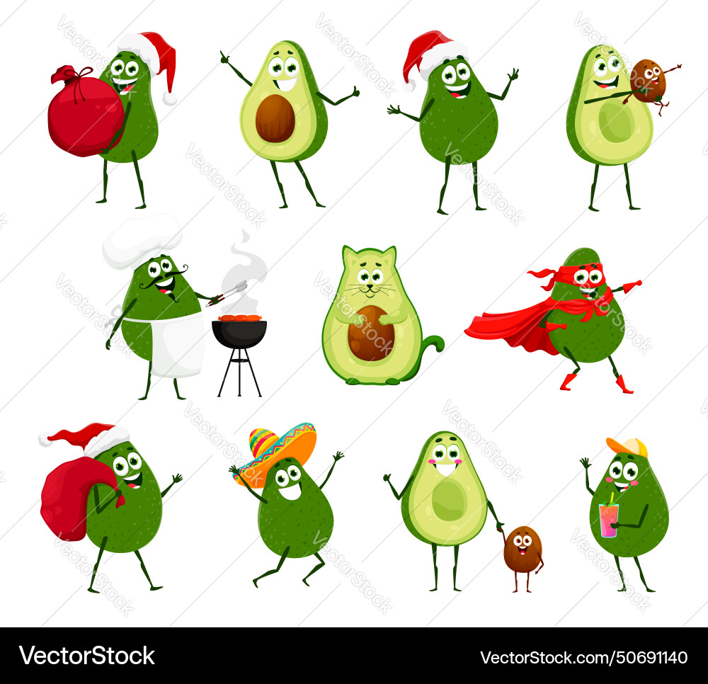 Cartoon avocado characters isolated set Royalty Free Vector