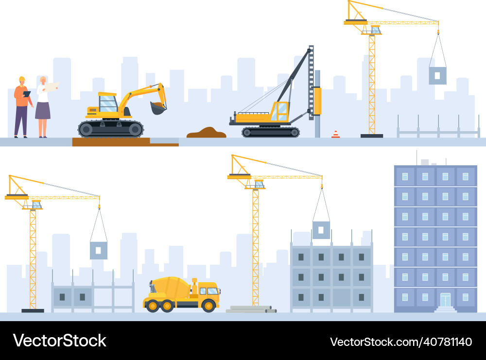 Flat houses construction process stages Royalty Free Vector