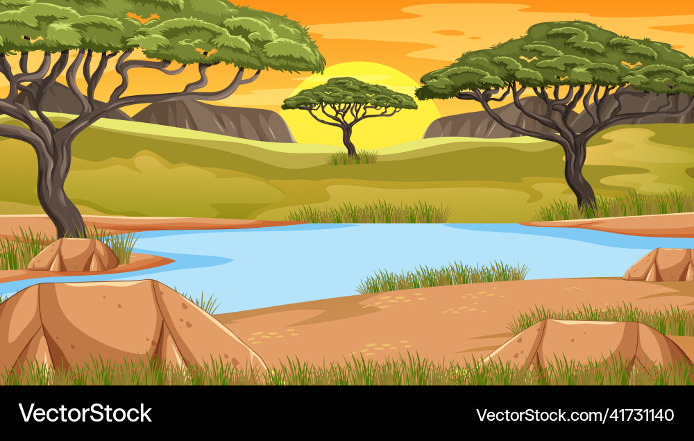 Savanna forest landscape at sunset time Royalty Free Vector