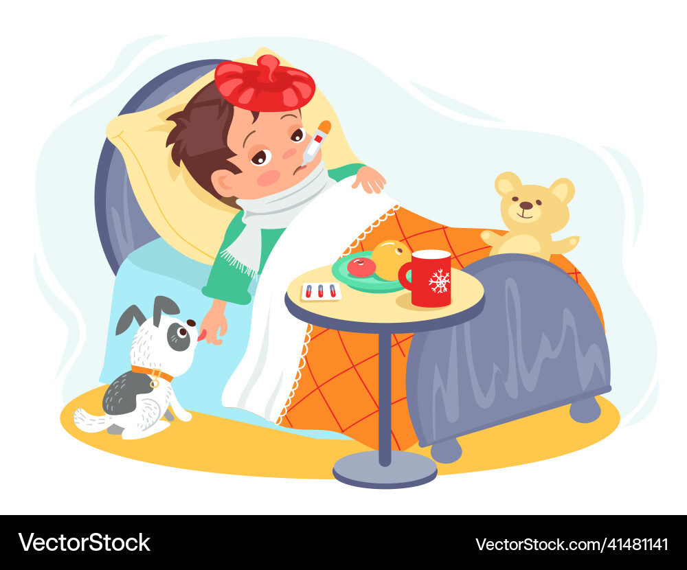 Sick kid in bed ill little boy Royalty Free Vector Image