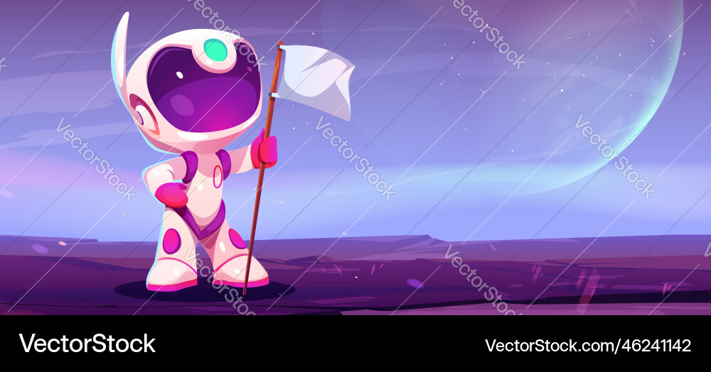 Cute astronaut on alien planet with white flag Vector Image