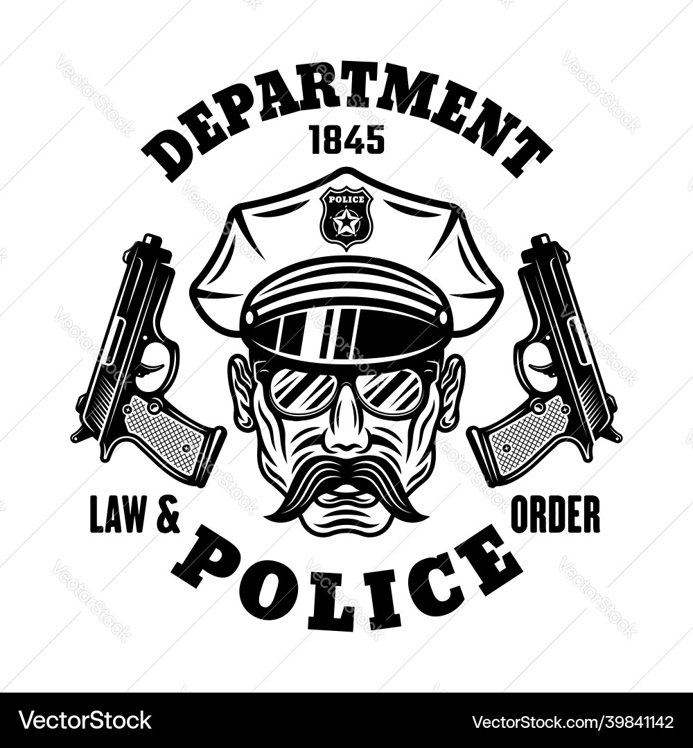 Policeman head in cap with mustache and two guns Vector Image