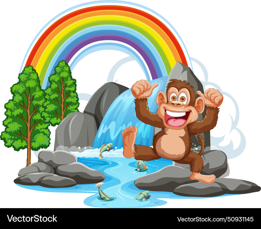 A happy monkey sitting near waterfall Royalty Free Vector