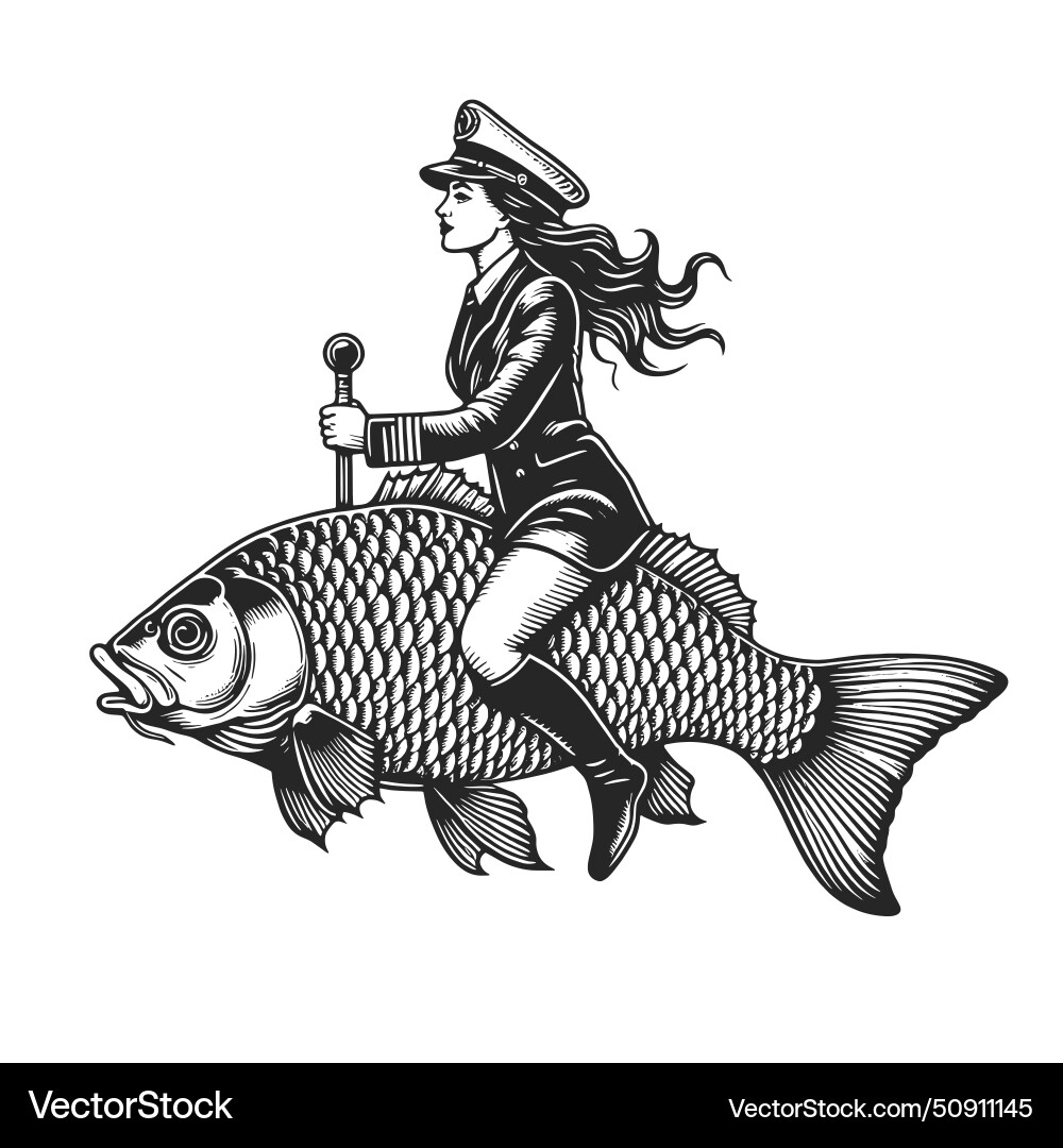 Pirate captain riding fish sketch Royalty Free Vector Image