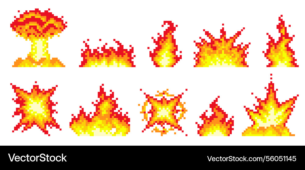 Pixel flames and explosions flashes burning and Vector Image