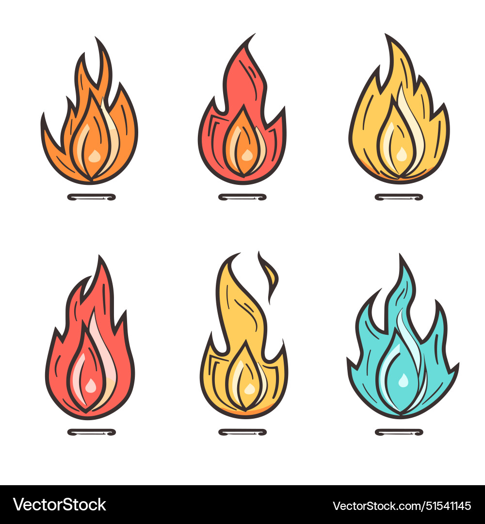 Set six colorful fire icons modern flat line style