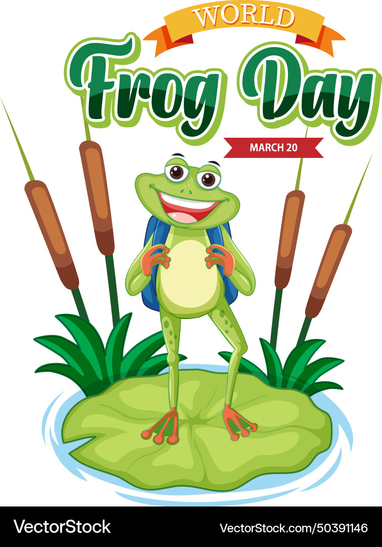 Cheerful frog standing on a lily pad with reeds Vector Image