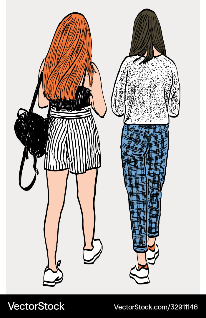 Drawing students girls walking together along Vector Image