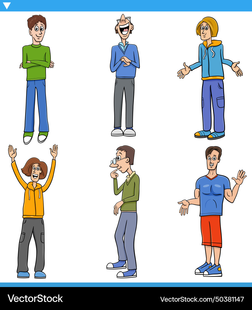 Cartoon funny young men comic characters set Vector Image