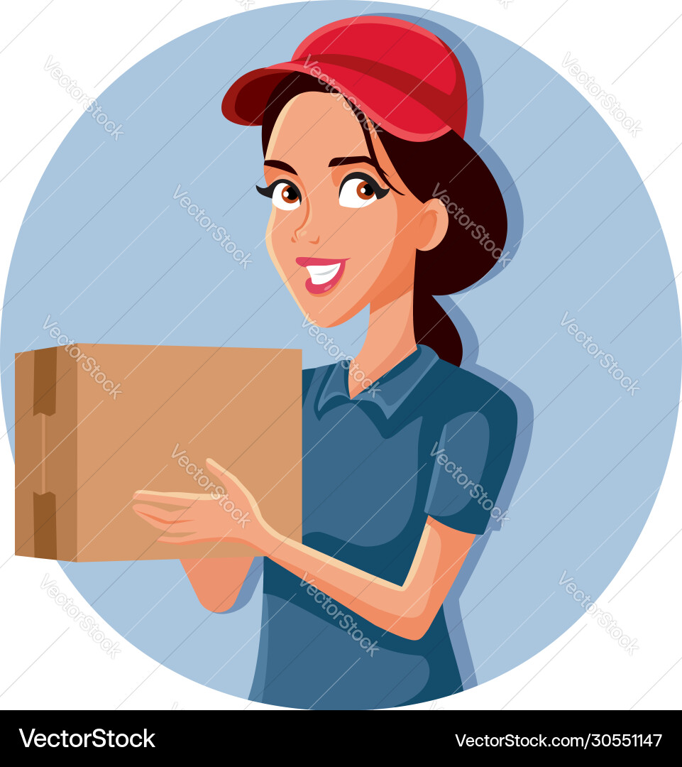 Delivery female worker holding cardboard package Vector Image