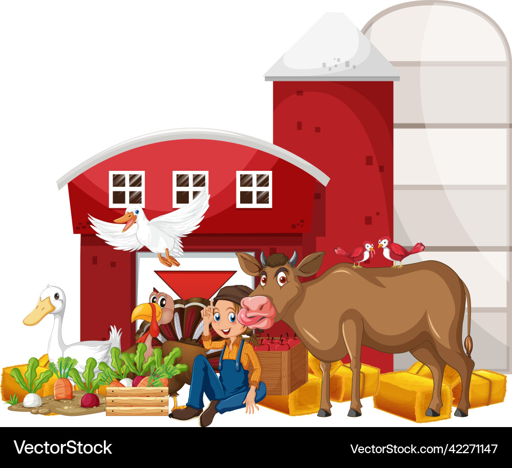 Farming theme with farmer and animals Royalty Free Vector