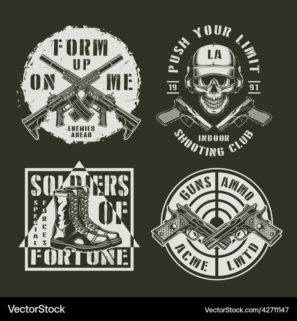 Monochrome army and military emblems Royalty Free Vector