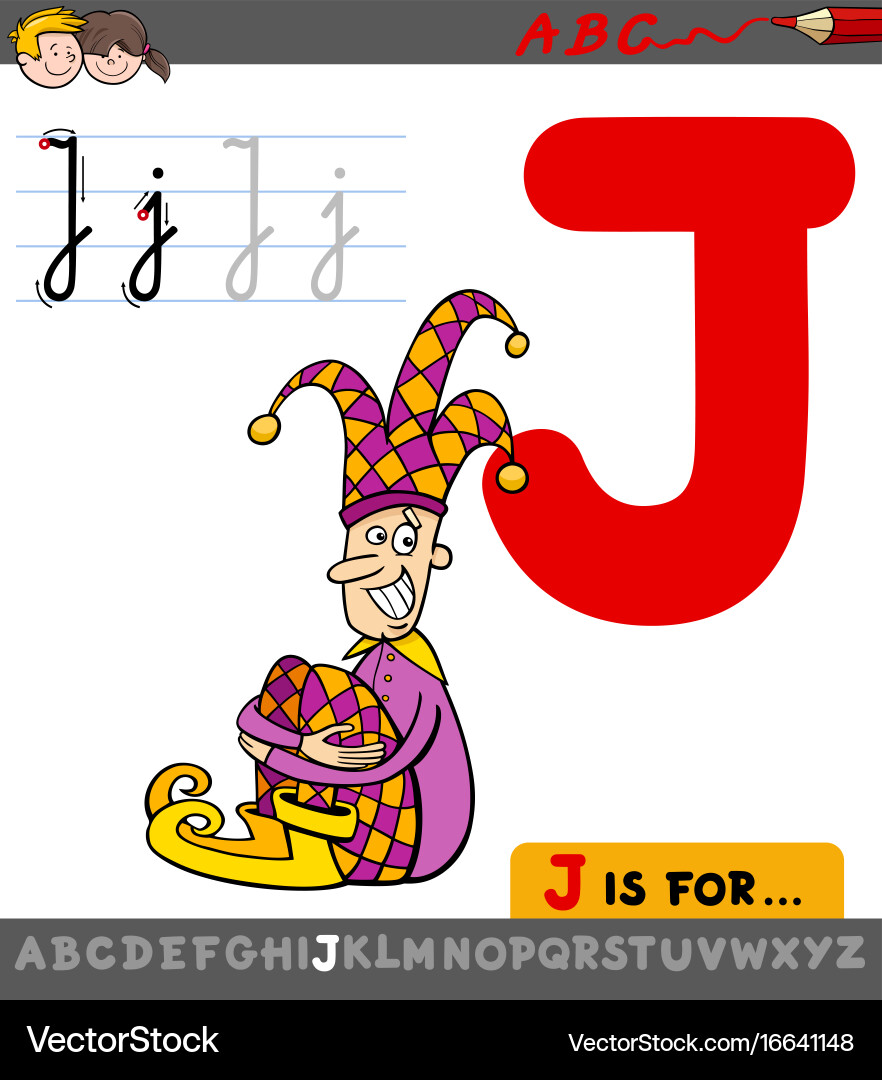 Letter j with cartoon jester character Royalty Free Vector