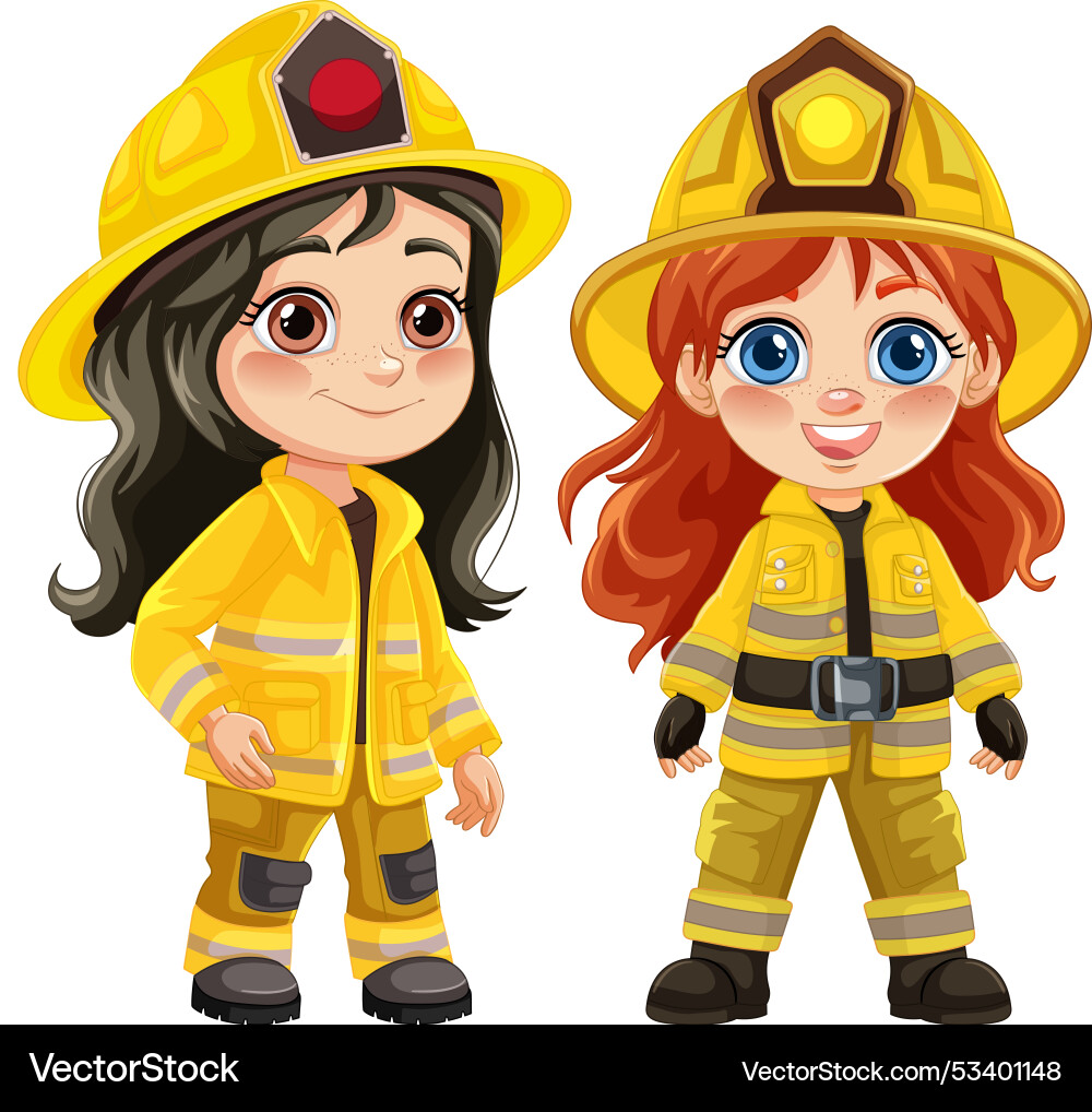 Two cartoon firefighters in yellow uniforms Vector Image