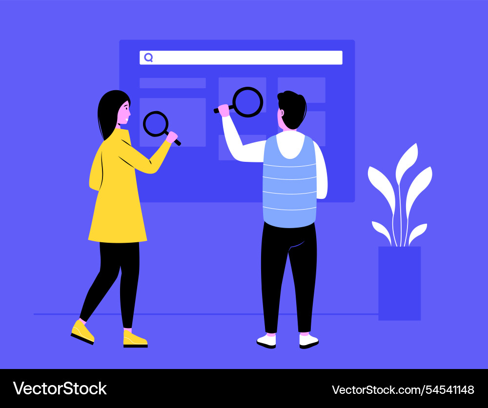 Two people using magnifying glasses to search Vector Image