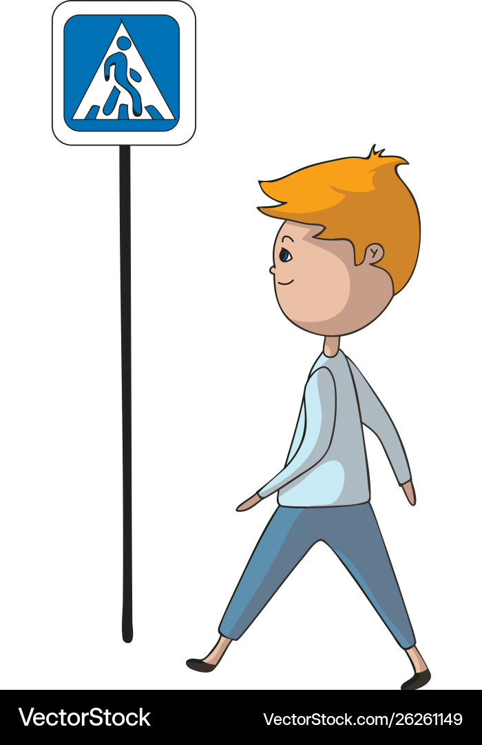 Boy is walking past sign crosswalk Royalty Free Vector Image