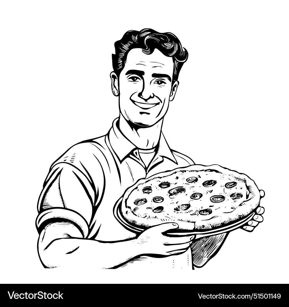 Italian chef holding pizza hand drawn sketch Vector Image