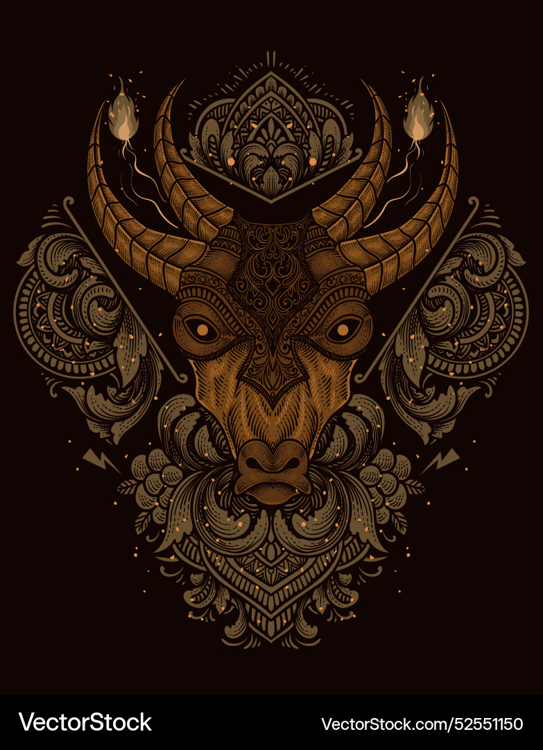 Cow head with engraving ornament Royalty Free Vector Image