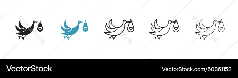 Stork with baby icon set delivery Royalty Free Vector Image
