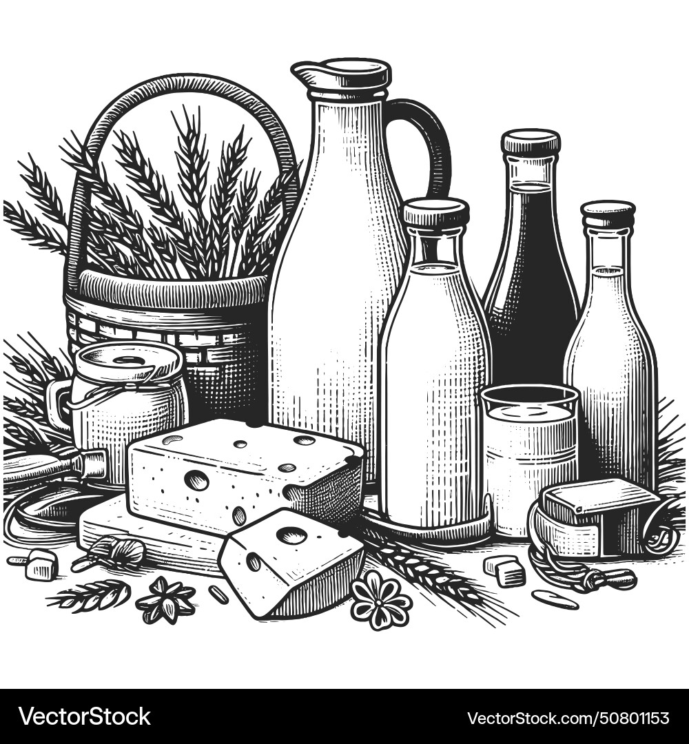 Dairy products engraving sketch Royalty Free Vector Image