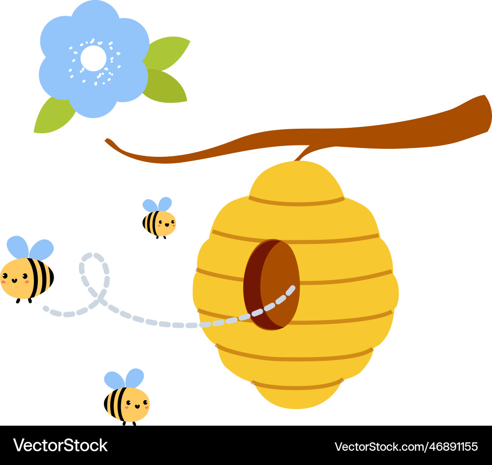 Beehive hanging from a tree branch and bees flying