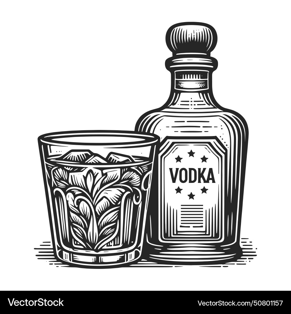 Vodka bottle and glass engraving sketch Royalty Free Vector