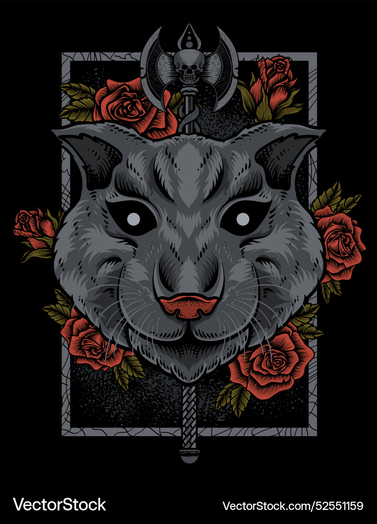 Cat head with ax and rose flower Royalty Free Vector Image