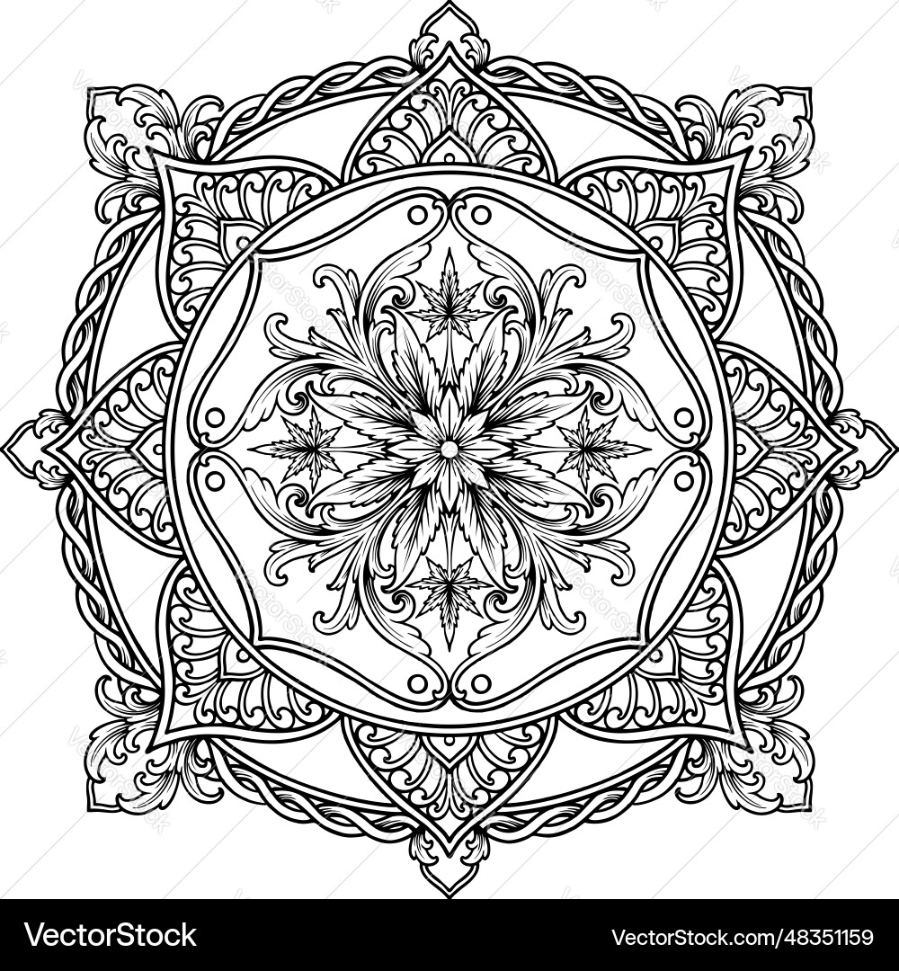 Intricate classic cannabis leaf mandala monochrome
