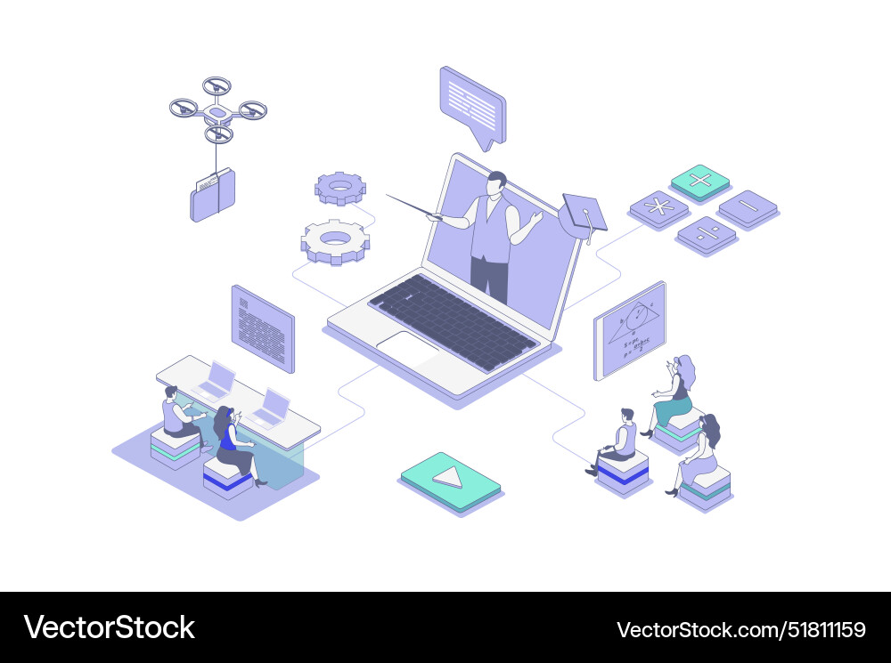 Online education isometric concept in outline Vector Image