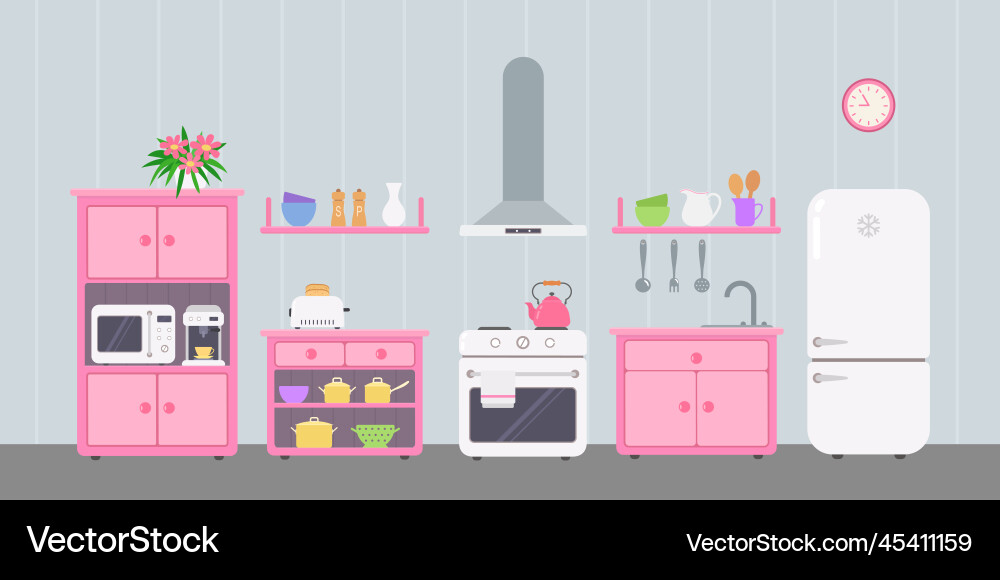 Pink kitchen with utensils and appliances Vector Image
