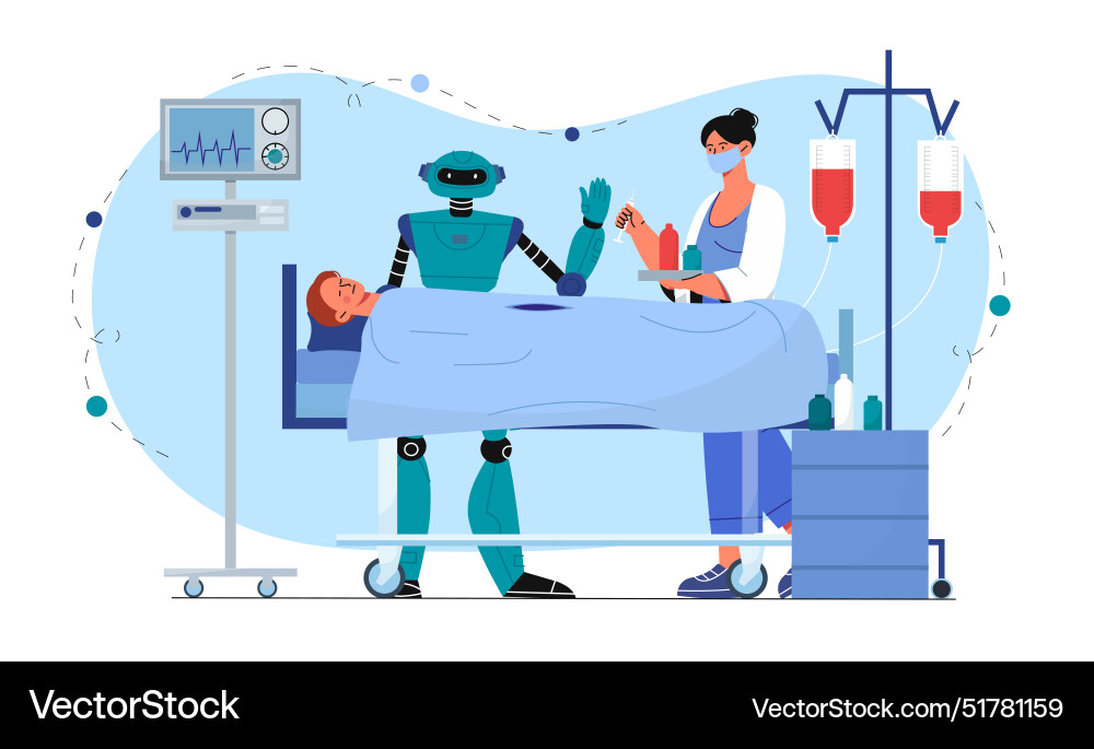 Robot at surgery operation cyborg helps doctor Vector Image