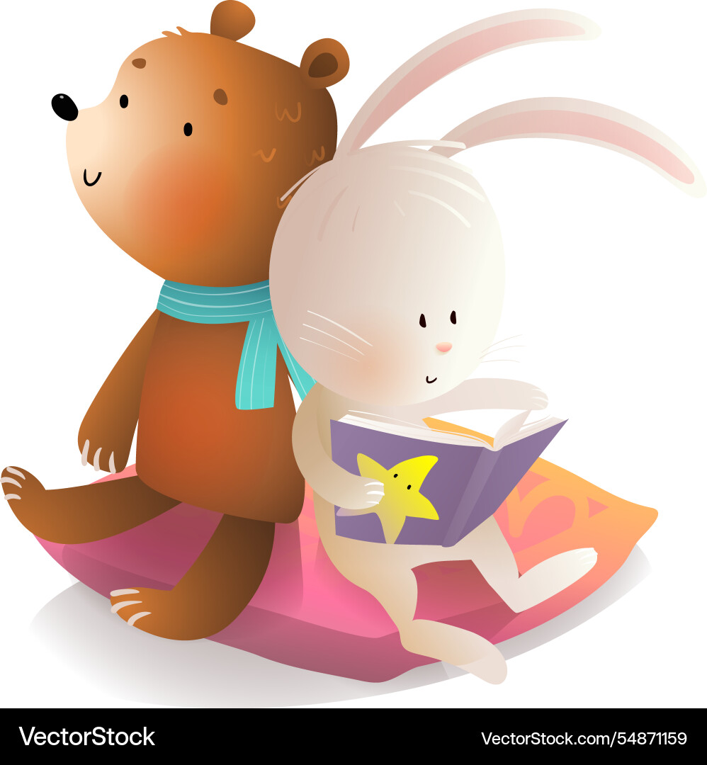 Teddy bear and cute rabbit reading book cartoon Vector Image
