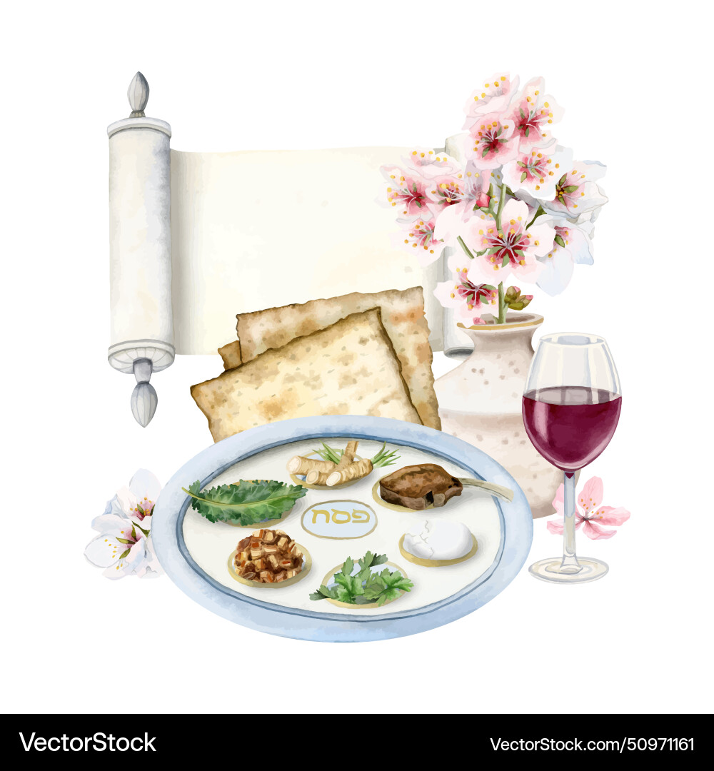 Passover seder plate with traditional meal Vector Image