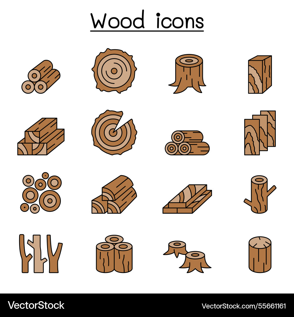 Wood icon set color line style Royalty Free Vector Image