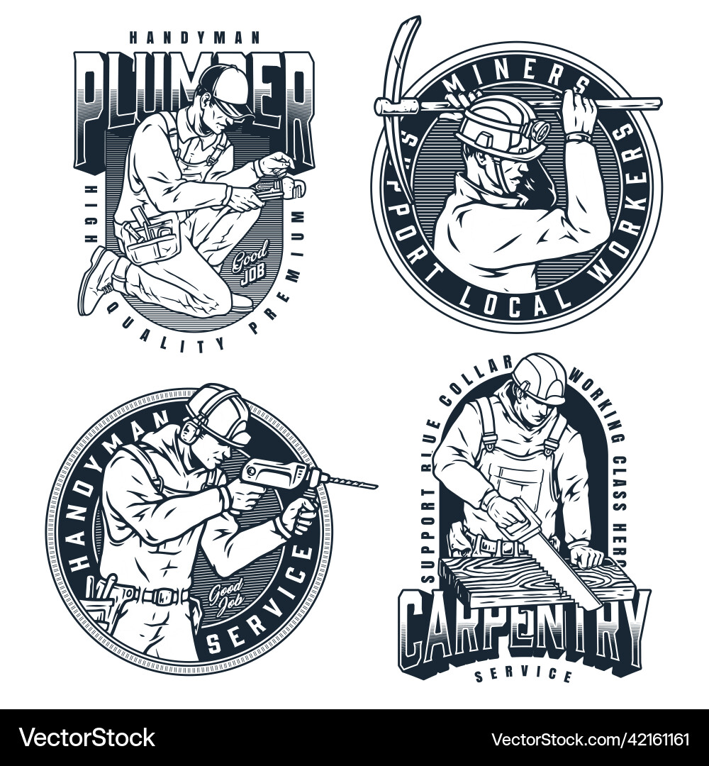 Workers with tools emblems set Royalty Free Vector Image