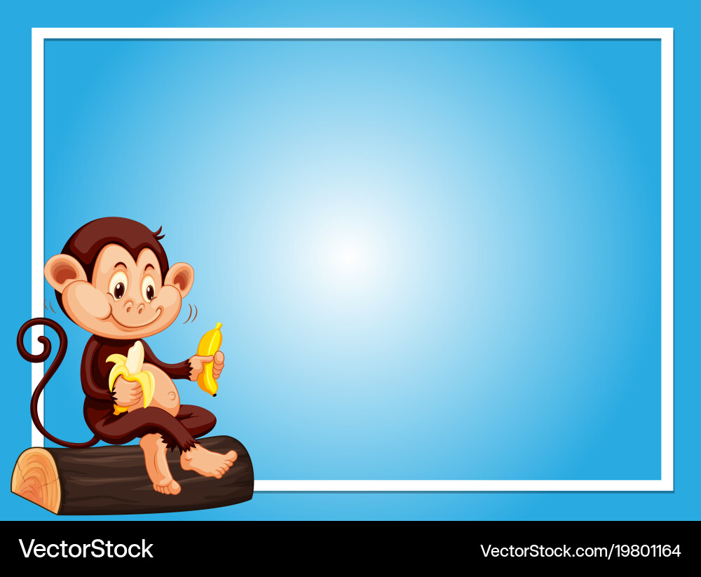 Blue background template with monkey eating banana