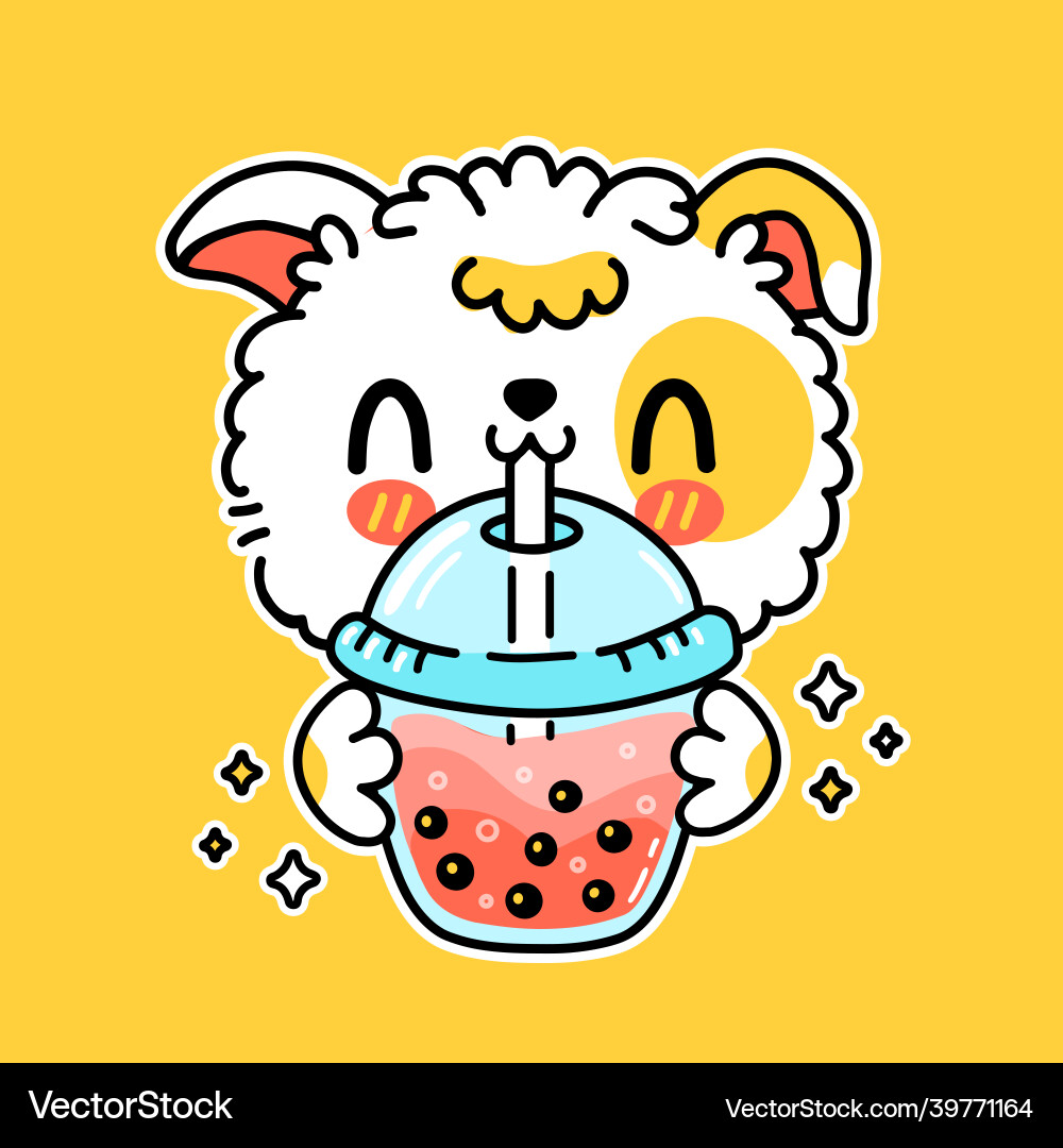 Cute funny dog drink bubble tea from cup Vector Image